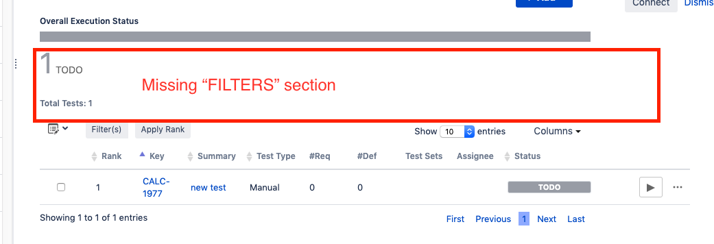 Xray 4220 When Adding A New Test To An Empty Test Execution The Filters Section Is Not Shown